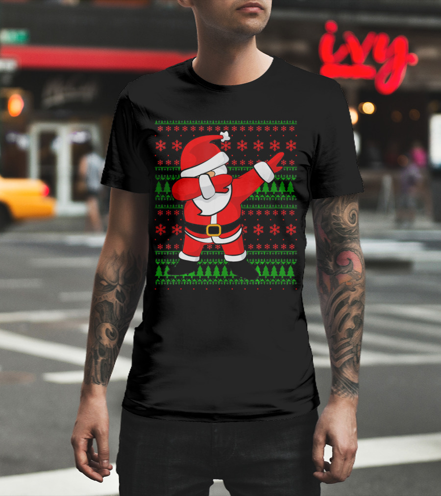 Santa Claus Dabbing Christmas Sweater Style Snowflakes Trees T-Shirt