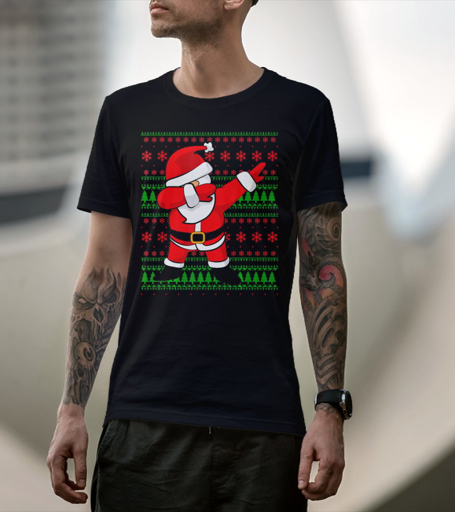 Santa Claus Dabbing Christmas Sweater Style Snowflakes Trees T-Shirt