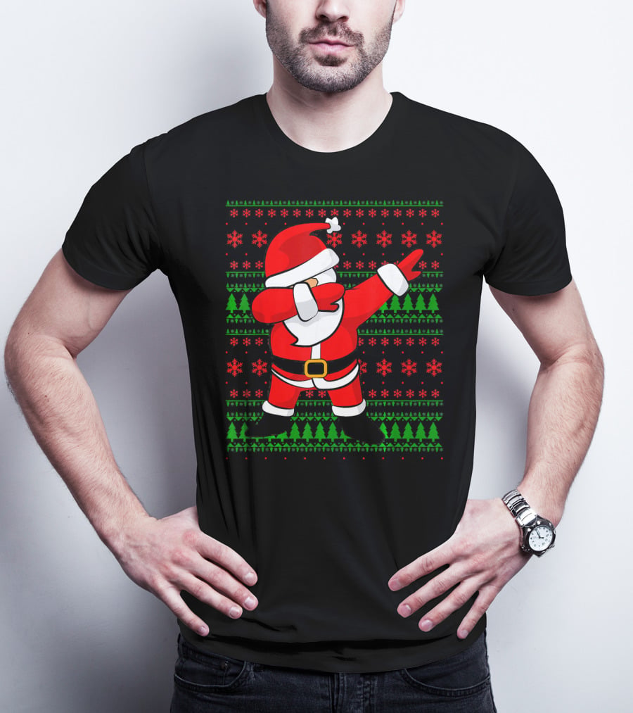Santa Claus Dabbing Christmas Sweater Style Snowflakes Trees T-Shirt