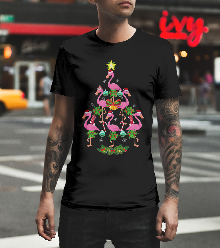 Star Flamingo Christmas Tree Santa Hat Ornaments T-Shirt