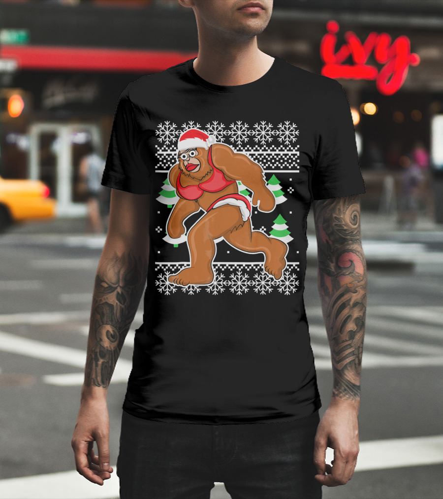 Bigfoot Bikini Ugly Christmas Sweater Santa Hat Snowflakes Holiday Party T-Shirt