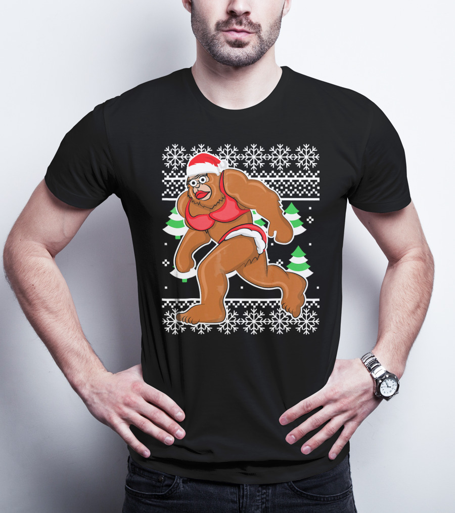 Bigfoot Bikini Ugly Christmas Sweater Santa Hat Snowflakes Holiday Party T-Shirt