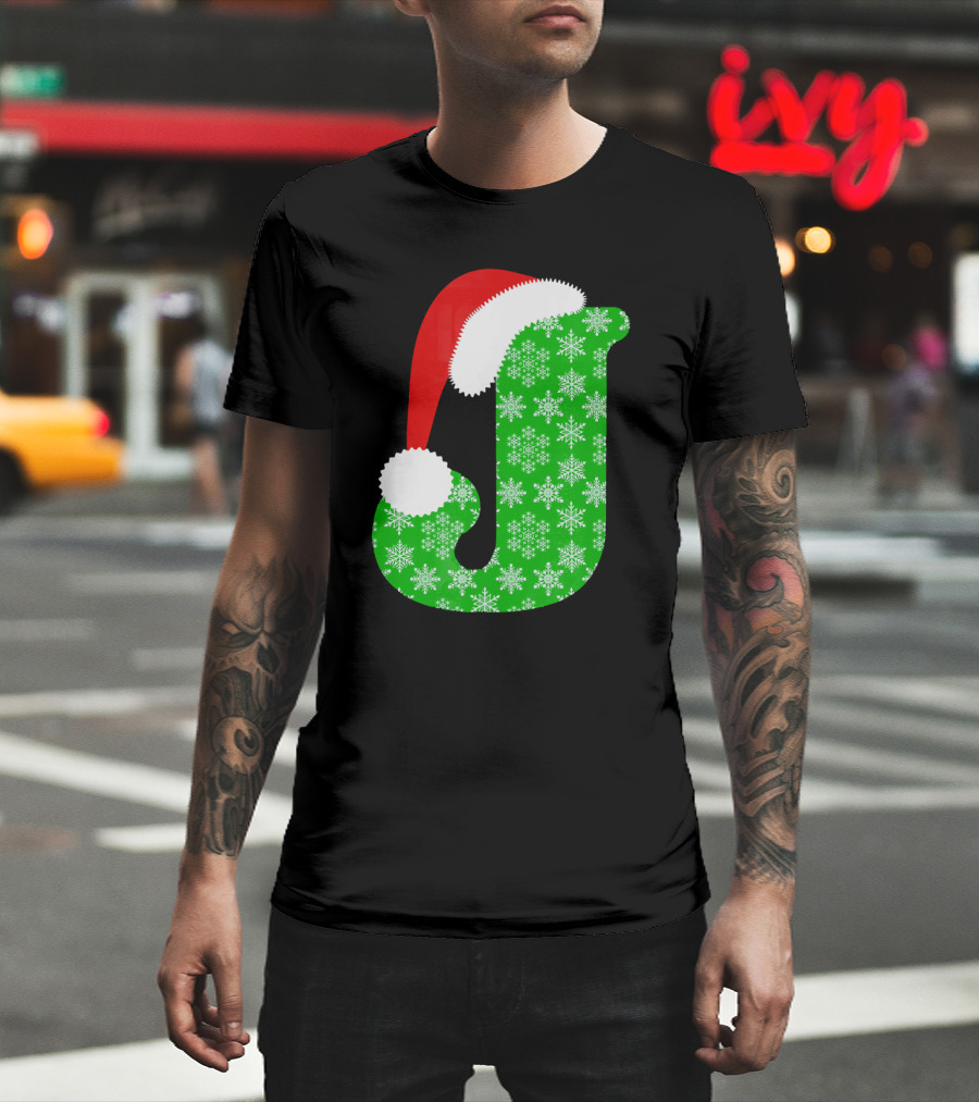 Santa Hat Green Snowflake Monogram Letter J Christmas T-Shirt