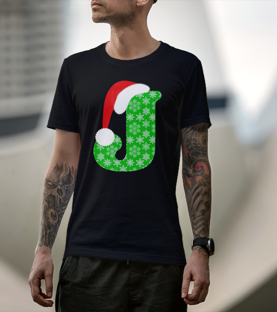 Santa Hat Green Snowflake Monogram Letter J Christmas T-Shirt