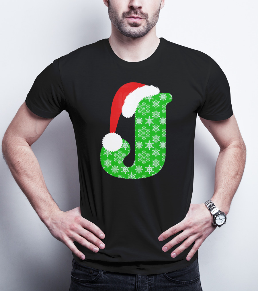 Santa Hat Green Snowflake Monogram Letter J Christmas T-Shirt