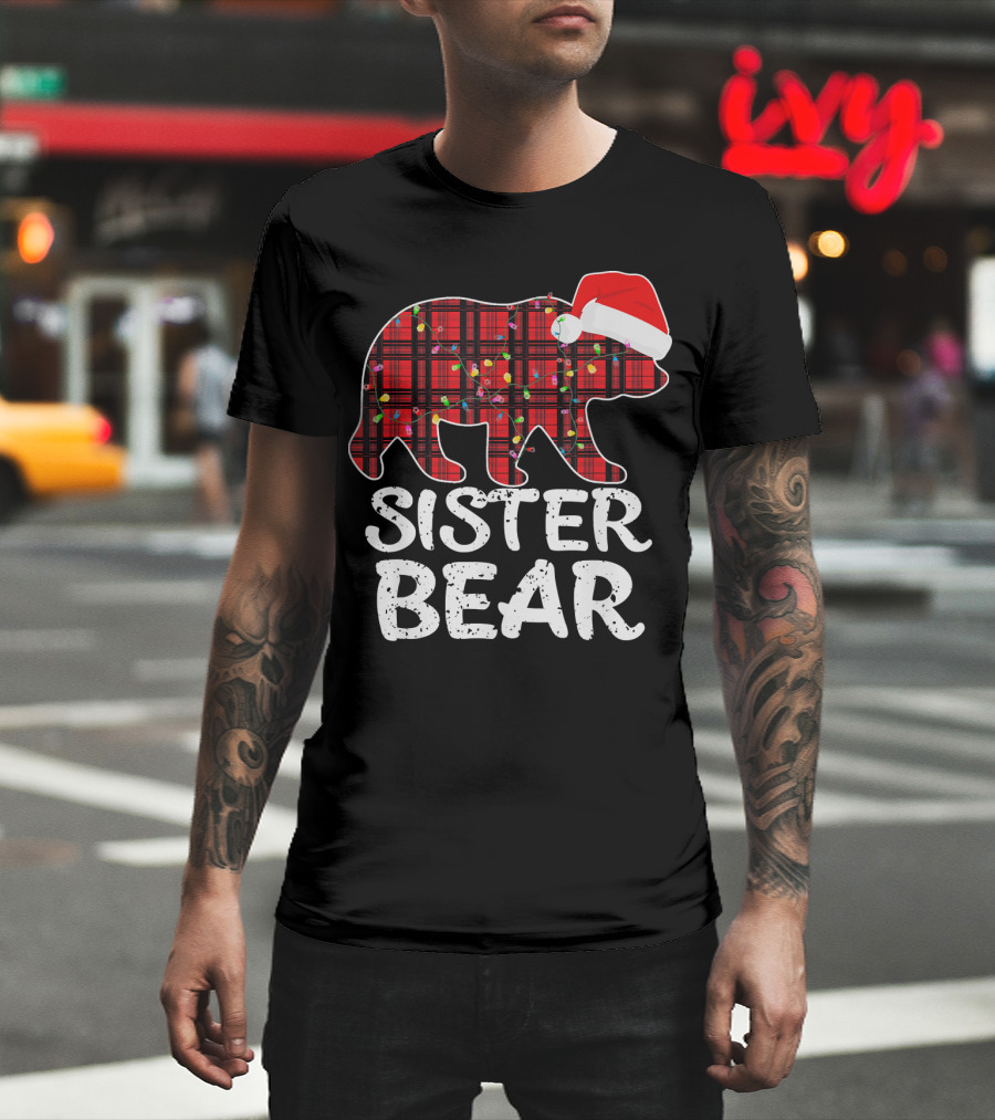 Sister Bear Red Plaid Christmas Paj With Santa Hat And Lights T-Shirt