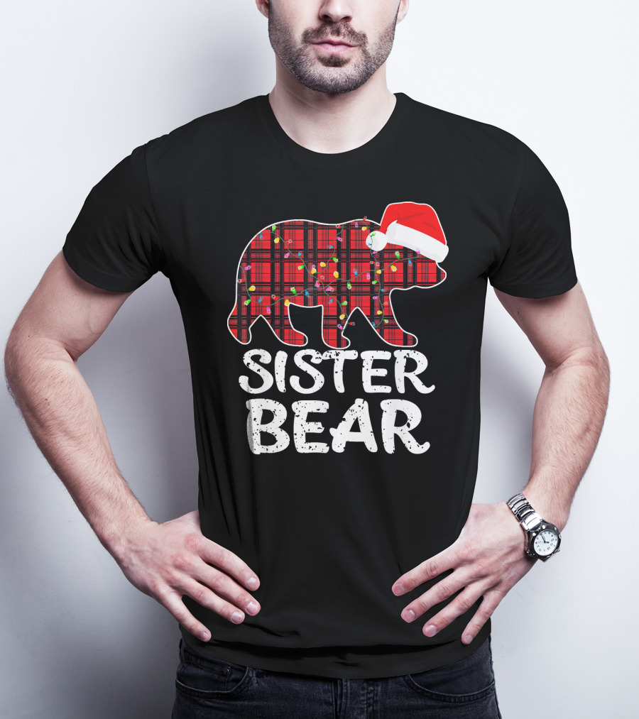 Sister Bear Red Plaid Christmas Paj With Santa Hat And Lights T-Shirt