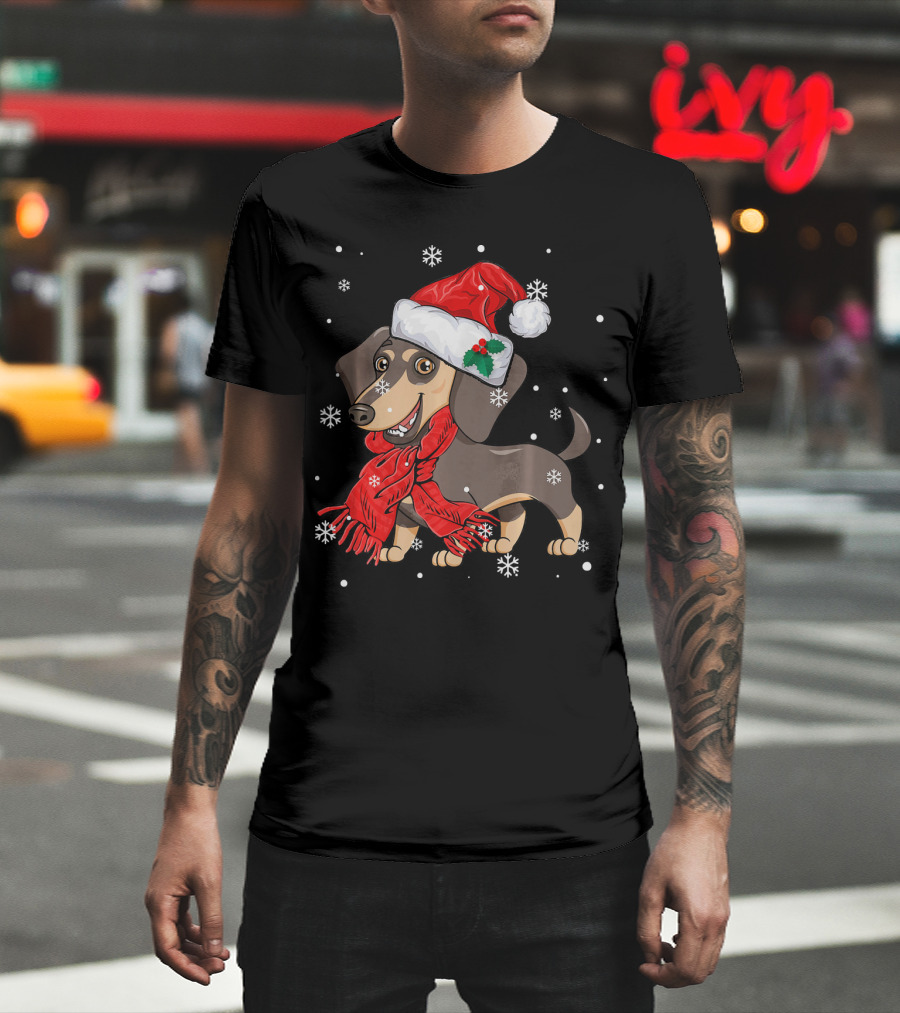 Dachshund Wearing Santa Hat And Red Scarf With Snowflakes T-Shirt