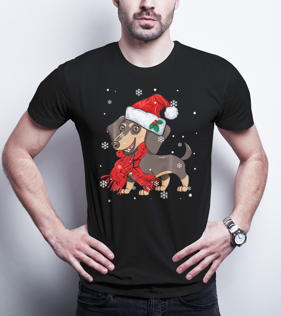 Dachshund Wearing Santa Hat And Red Scarf With Snowflakes T-Shirt