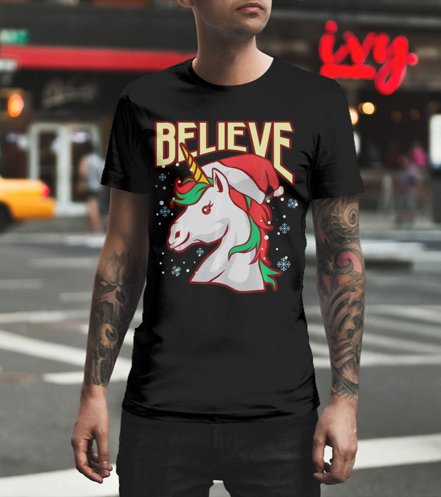 Believe The Unicorn Santa Hat Snowflakes T-Shirt