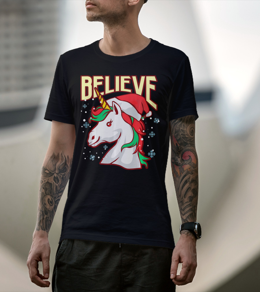 Believe The Unicorn Santa Hat Snowflakes T-Shirt