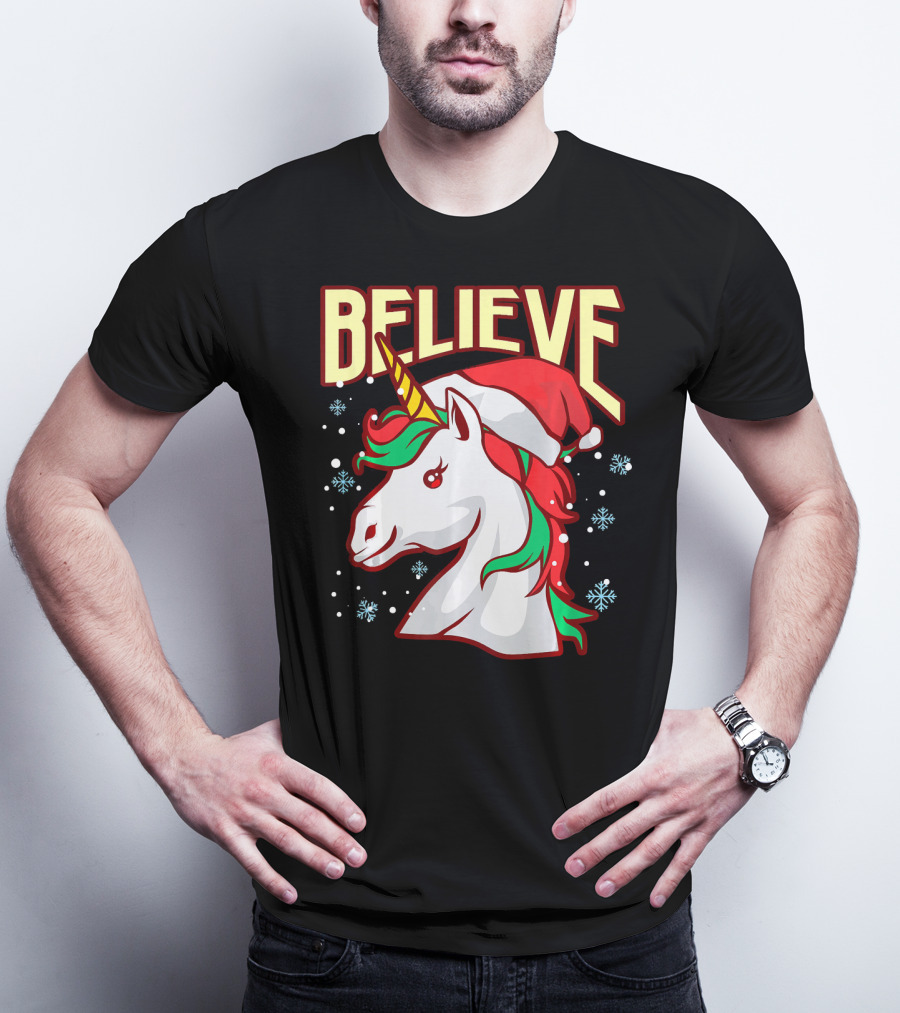 Believe The Unicorn Santa Hat Snowflakes T-Shirt