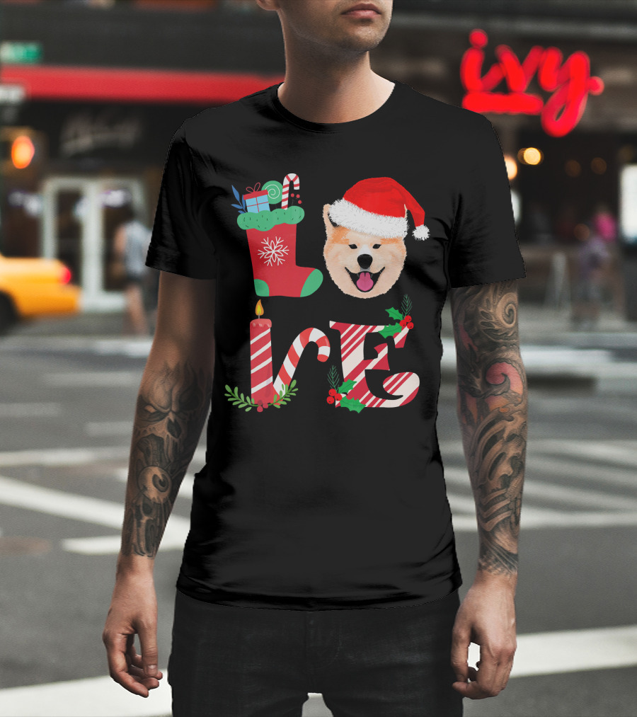I Love My Akita Christmas Love With Santa Hat And Holiday Decorations T-Shirt