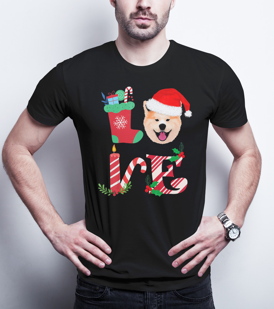 I Love My Akita Christmas Love With Santa Hat And Holiday Decorations T-Shirt