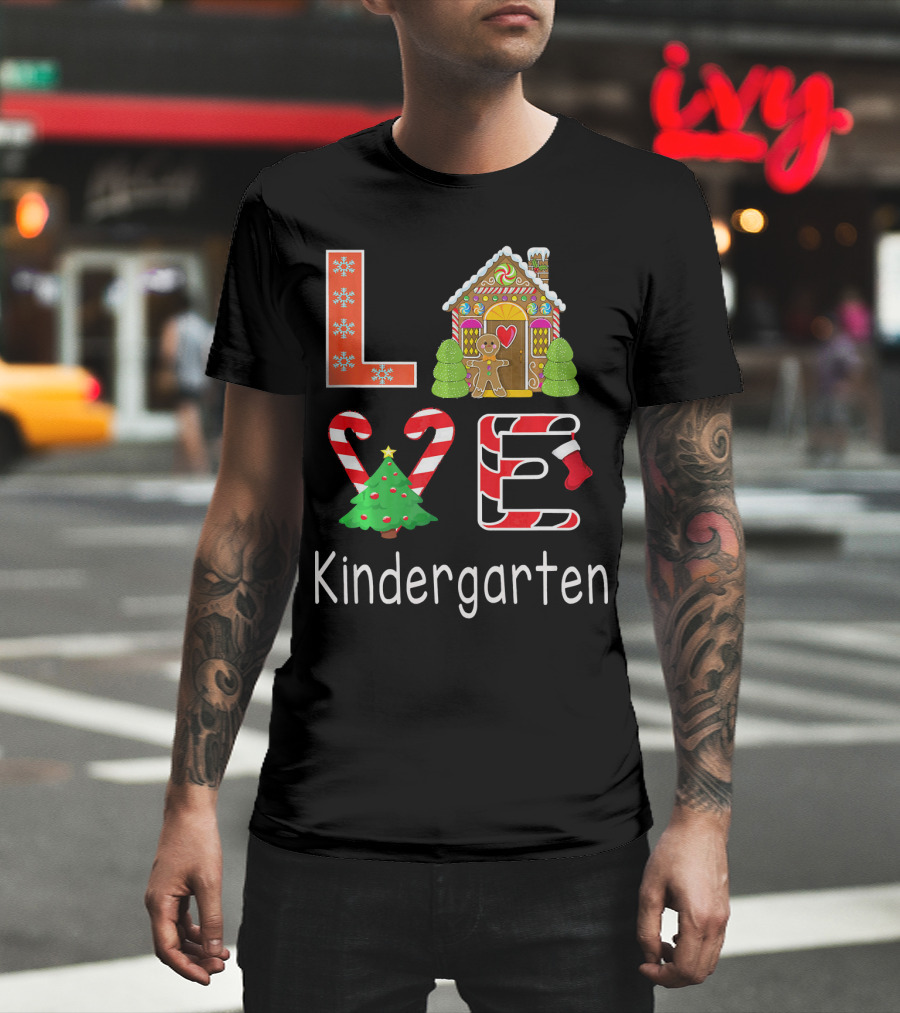 Love Kindergarten Christmas Candy Cane Gingerbread House T-Shirt