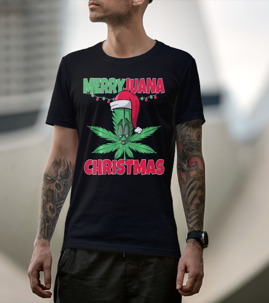 Merryjuana Christmas Funny Santa Hat Marijuana Leaf T-Shirt