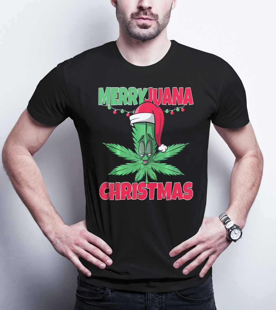 Merryjuana Christmas Funny Santa Hat Marijuana Leaf T-Shirt