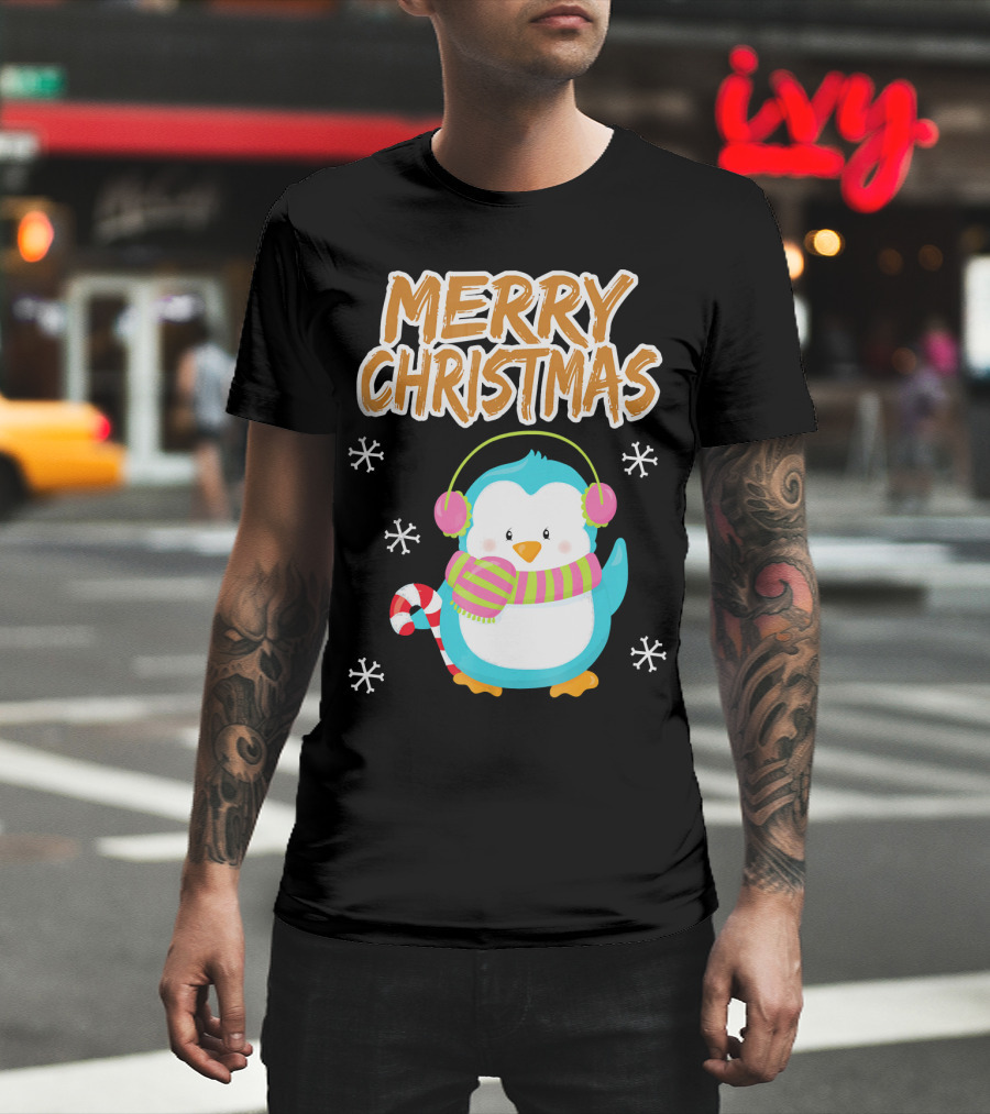 Merry Christmas Penguin With Candy Cane And Snowflakes T-Shirt