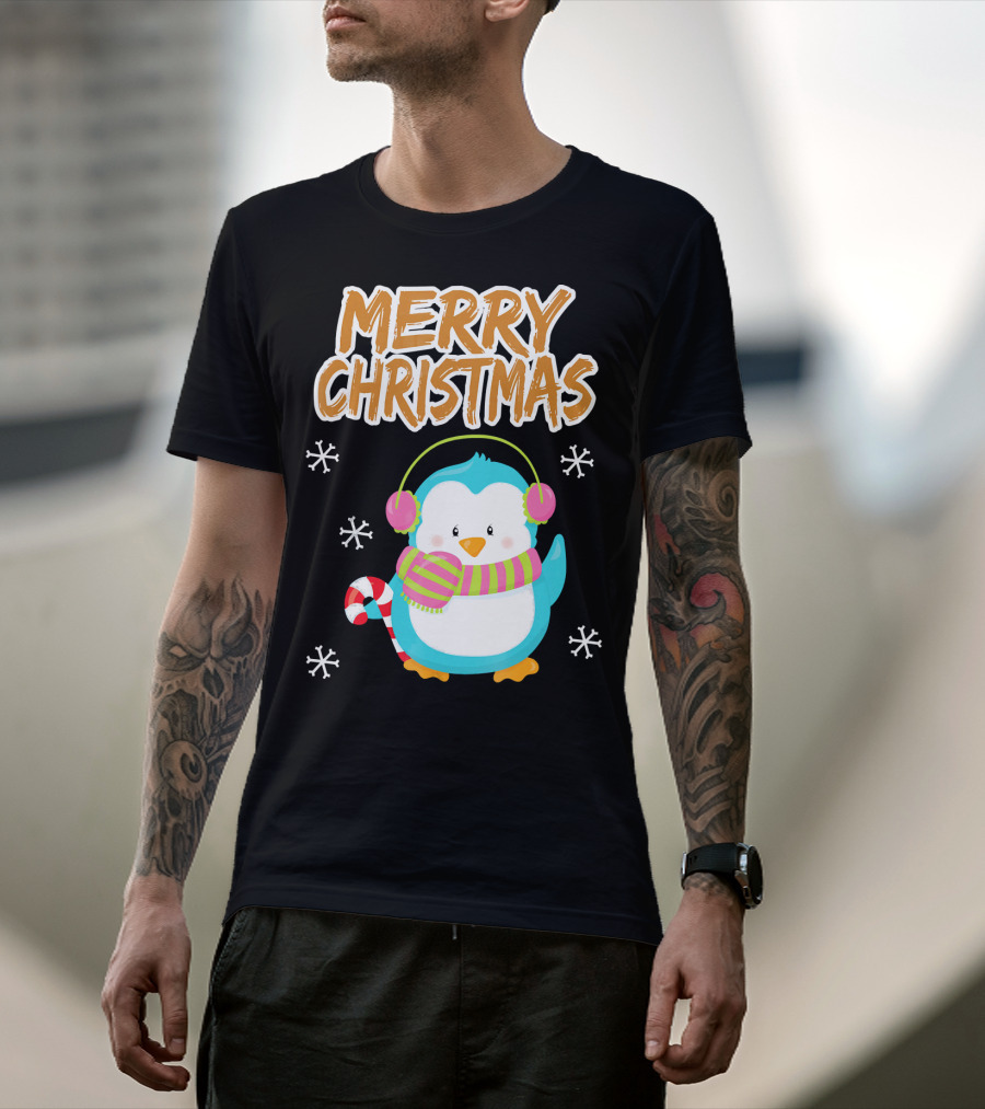 Merry Christmas Penguin With Candy Cane And Snowflakes T-Shirt