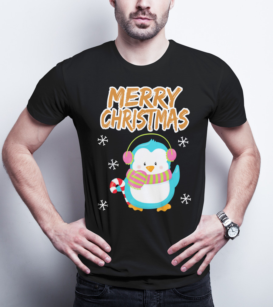 Merry Christmas Penguin With Candy Cane And Snowflakes T-Shirt