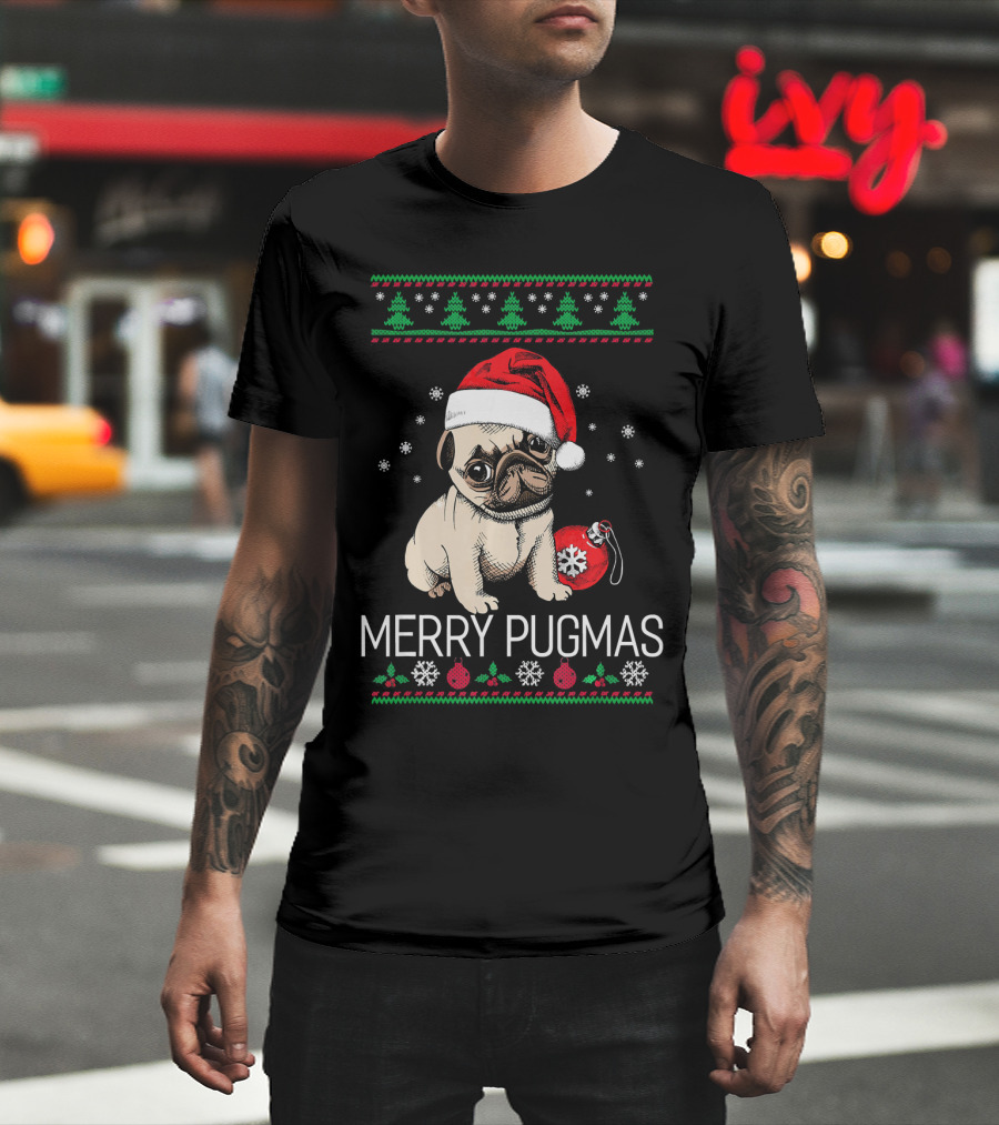 Merry Pugmas Santa Pug With Christmas Trees And Ornaments T-Shirt