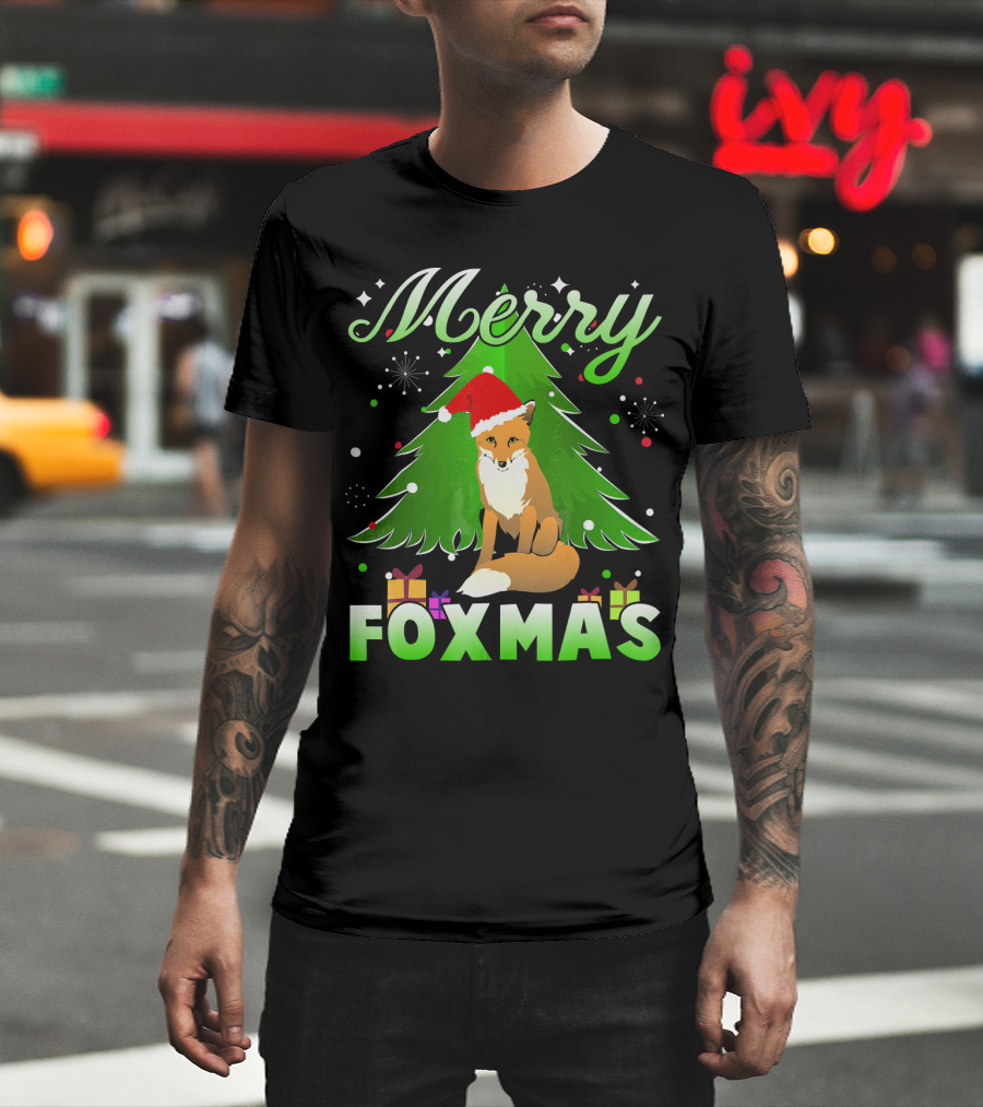 Merry Foxmas Santa Hat Fox And Christmas Tree T-Shirt