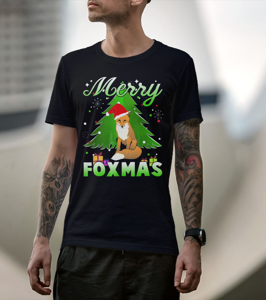Merry Foxmas Santa Hat Fox And Christmas Tree T-Shirt