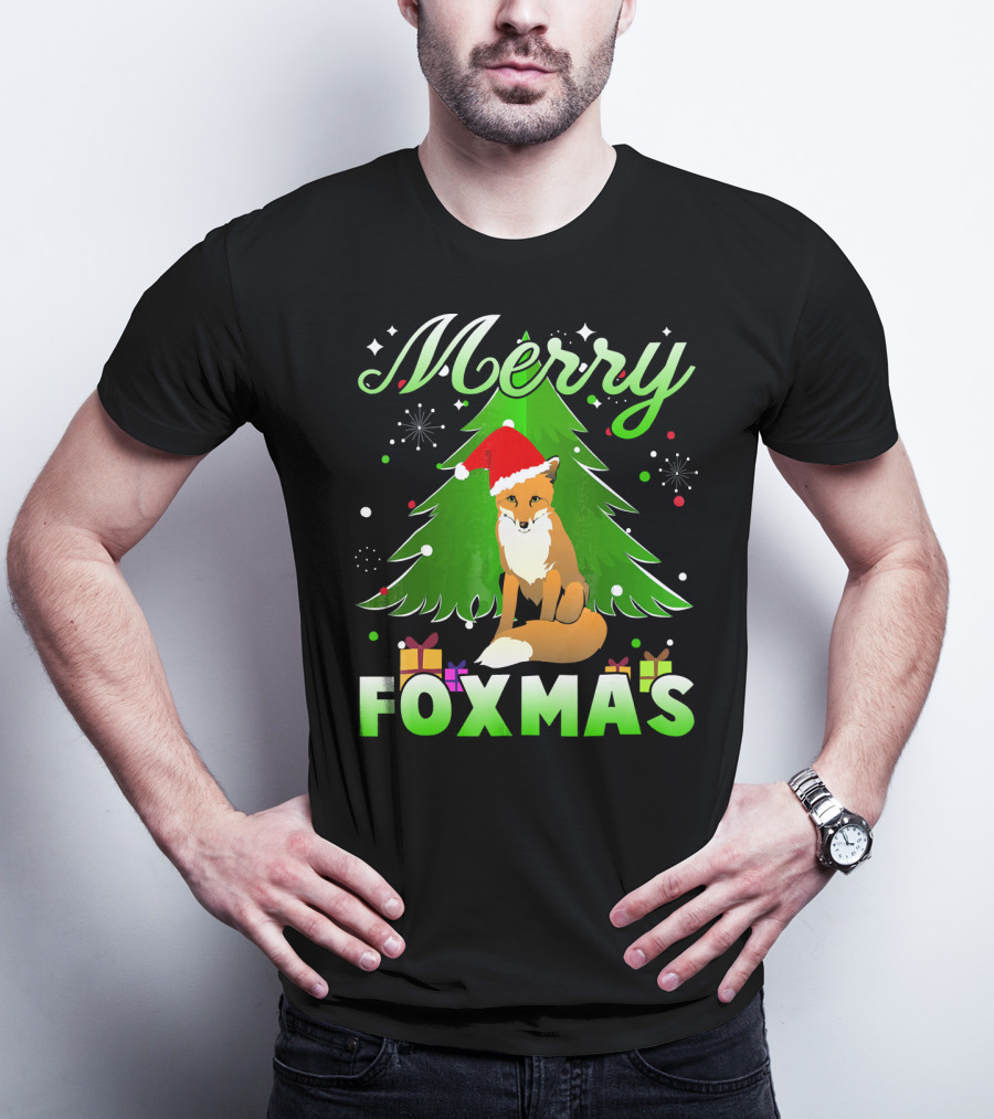 Merry Foxmas Santa Hat Fox And Christmas Tree T-Shirt