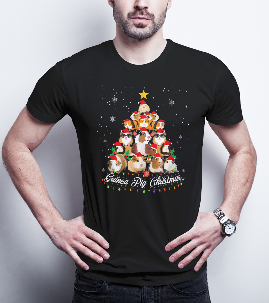 Guinea Pig Christmas Tree With Santa Hats And Snowflakes T-Shirt
