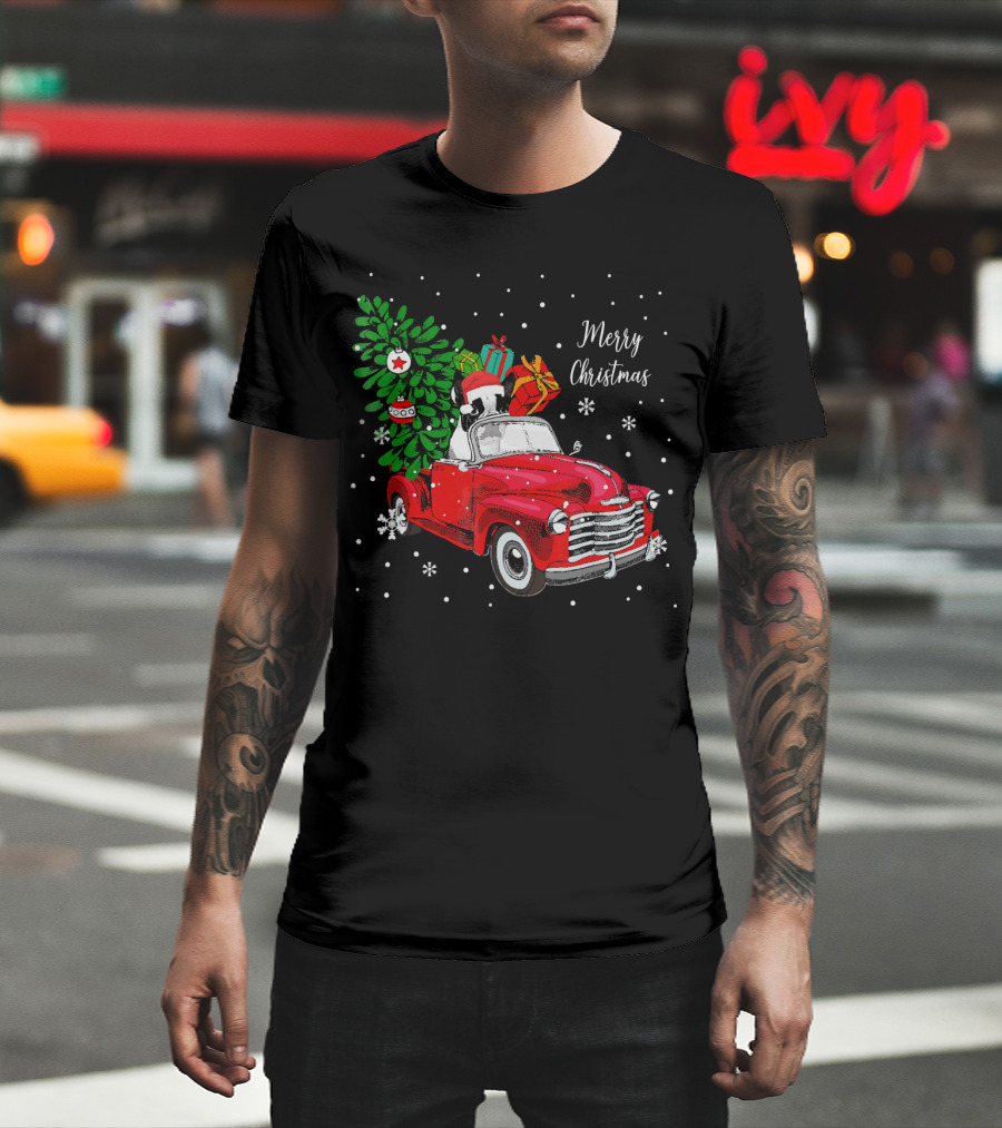 Merry Christmas Santa Boston Terrier Red Truck Snowflakes T-Shirt