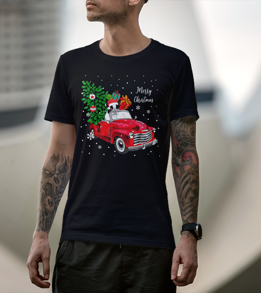 Merry Christmas Santa Boston Terrier Red Truck Snowflakes T-Shirt