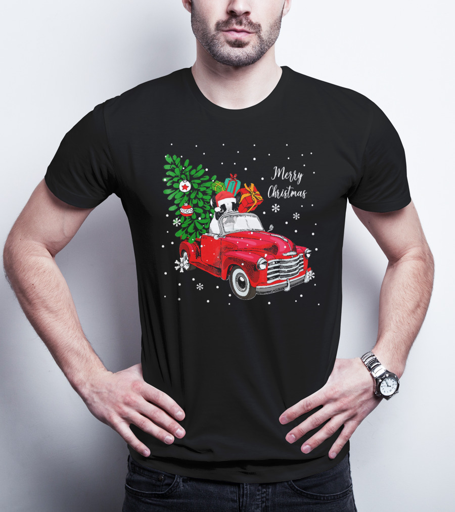 Merry Christmas Santa Boston Terrier Red Truck Snowflakes T-Shirt