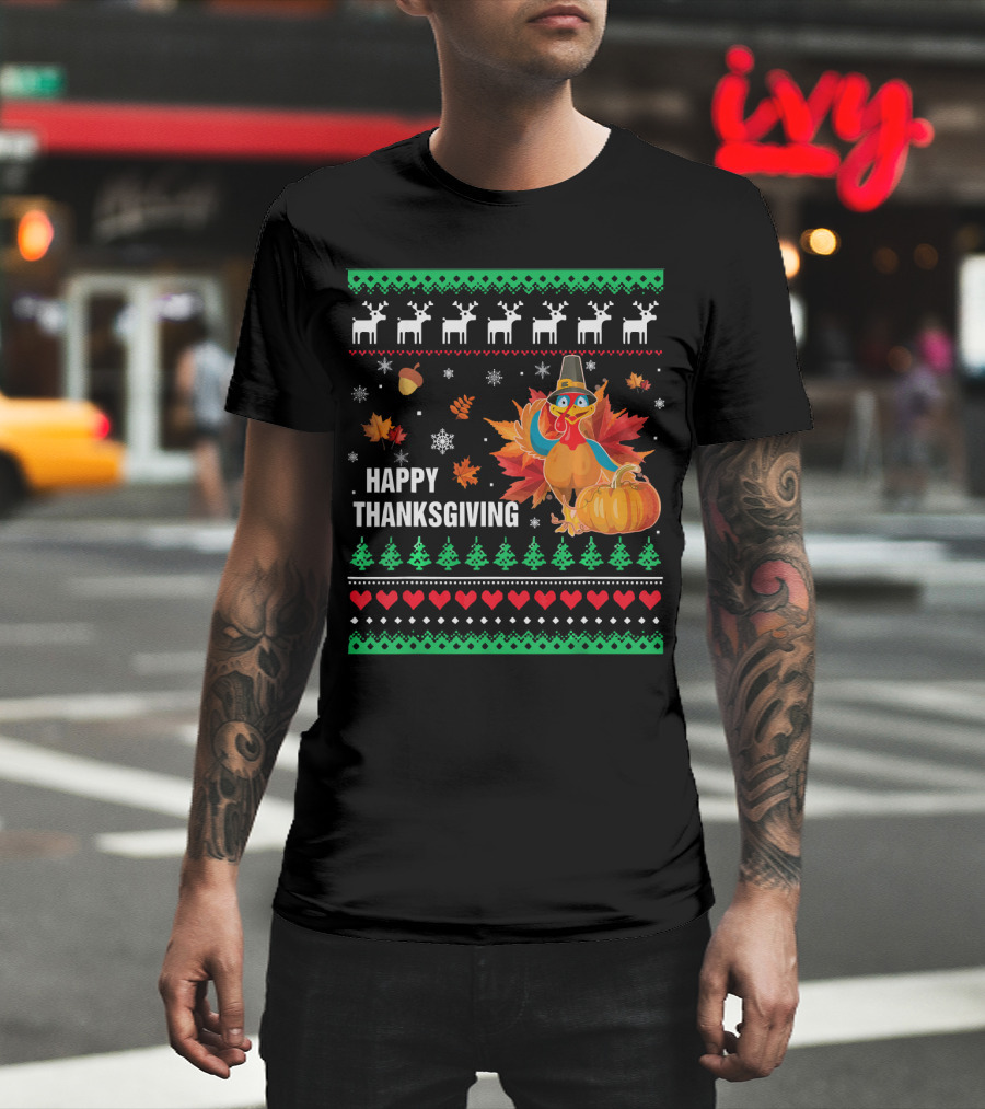 Happy Thanksgiving Turkey Pilgrim Hat Reindeer Snowflakes Pumpkins Leaves T-Shirt