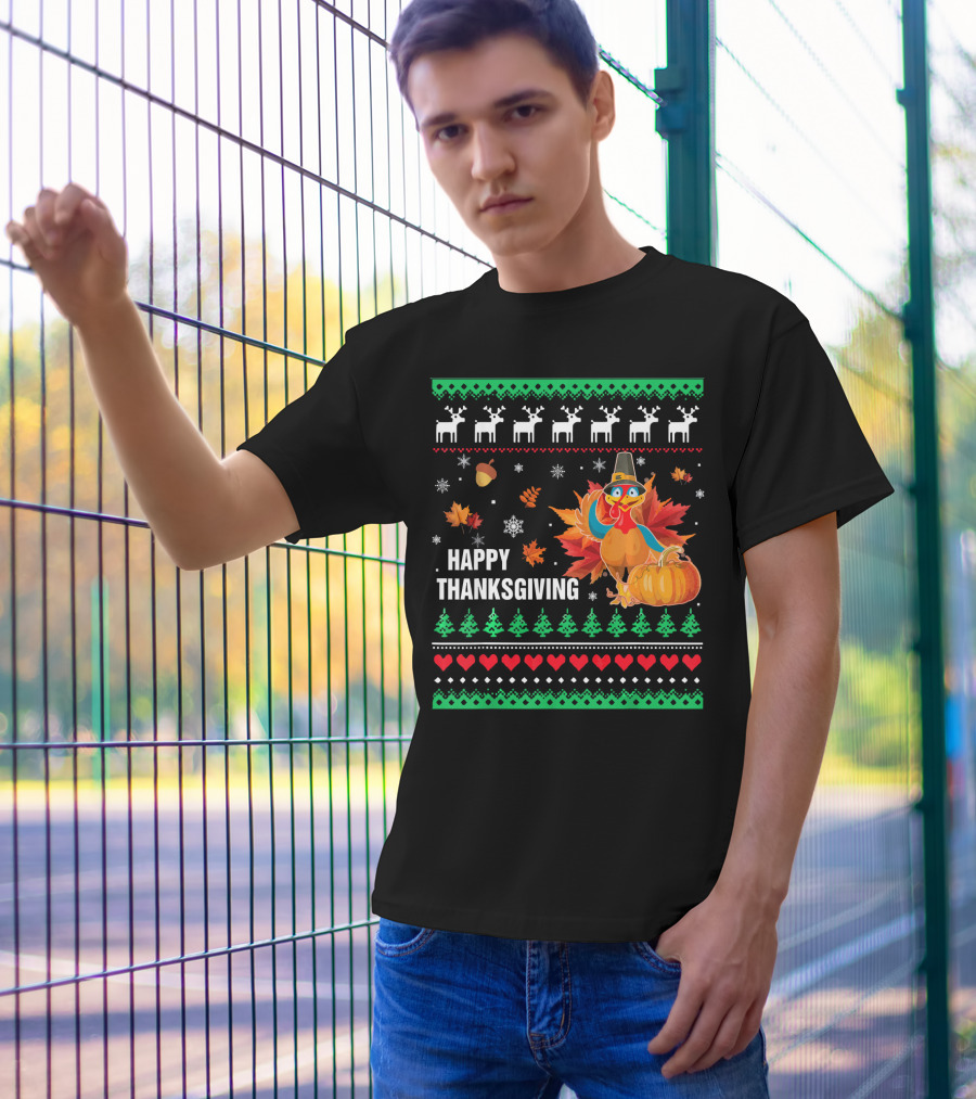 Happy Thanksgiving Turkey Pilgrim Hat Reindeer Snowflakes Pumpkins Leaves T-Shirt