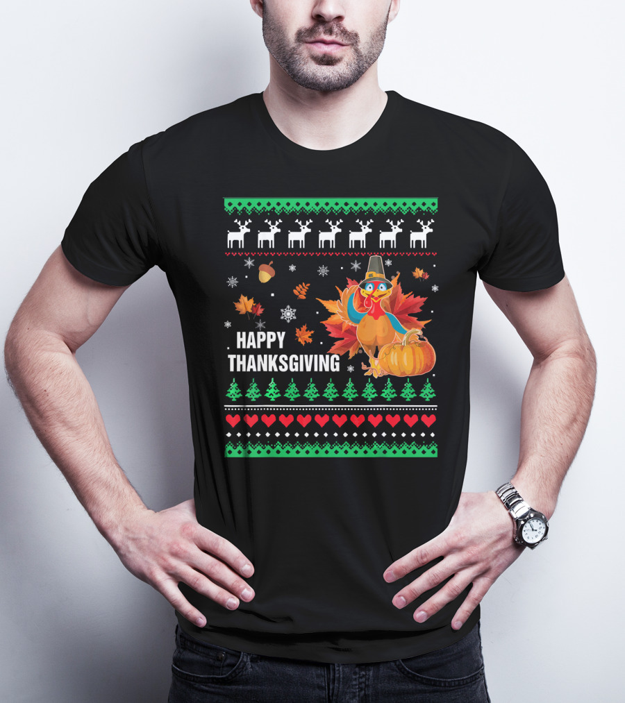 Happy Thanksgiving Turkey Pilgrim Hat Reindeer Snowflakes Pumpkins Leaves T-Shirt
