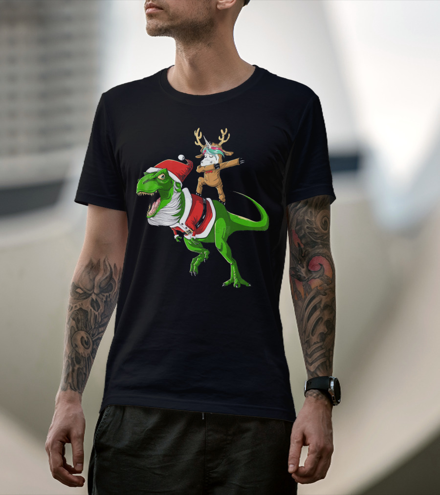 Unicorn Dabbing On Dinosaur Santa With Antlers T-Shirt