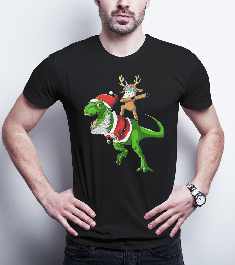 Unicorn Dabbing On Dinosaur Santa With Antlers T-Shirt