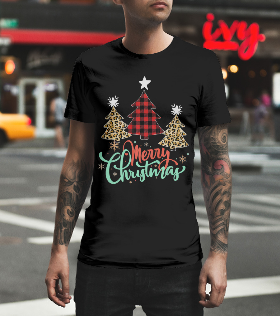 Merry Christmas Leopard Plaid Tree T-Shirt