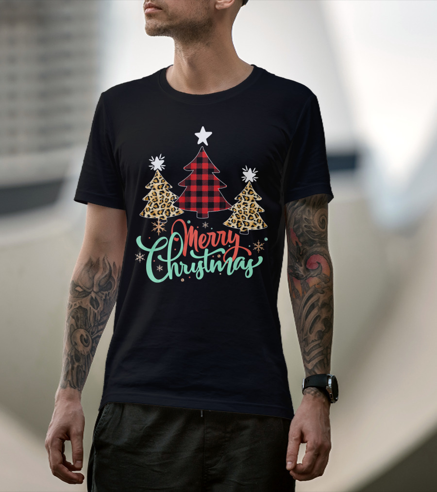 Merry Christmas Leopard Plaid Tree T-Shirt