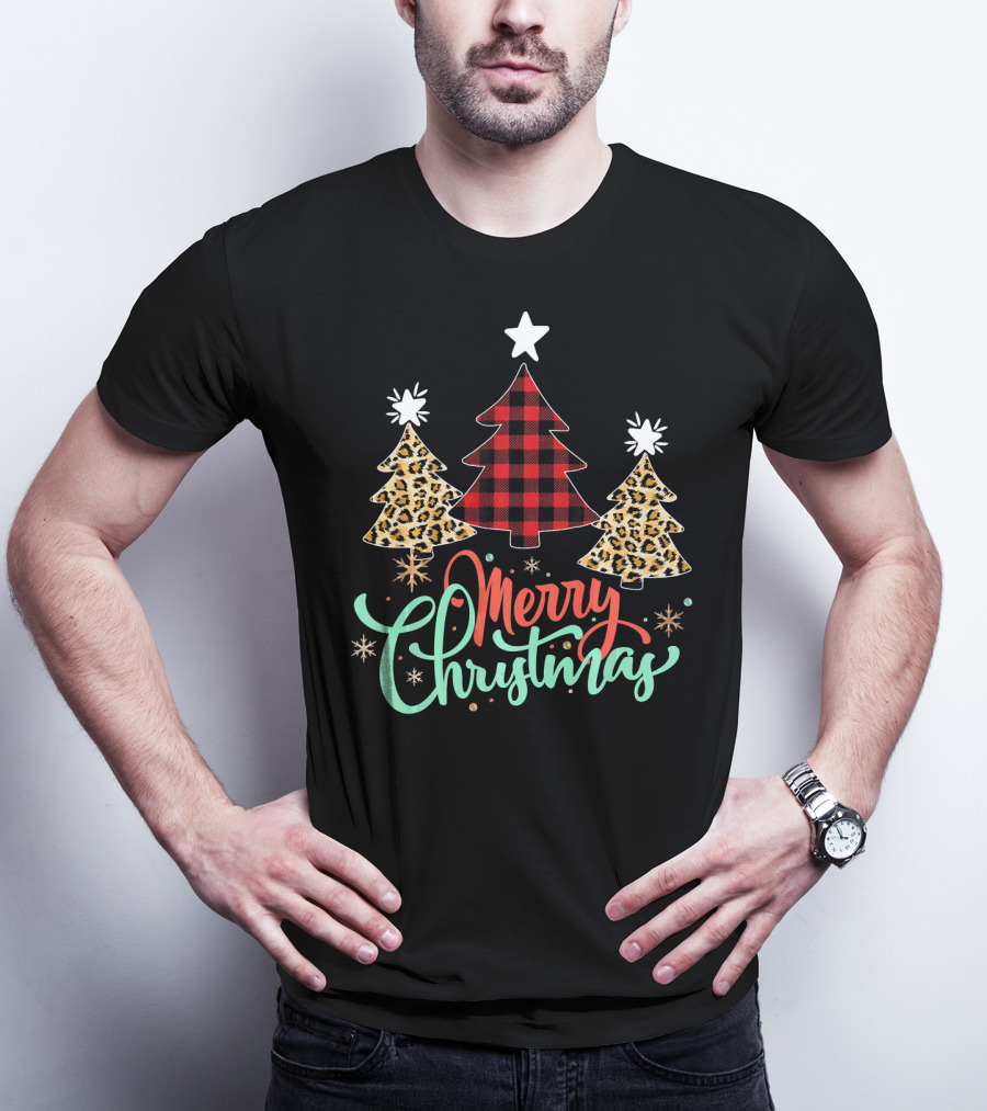 Merry Christmas Leopard Plaid Tree T-Shirt