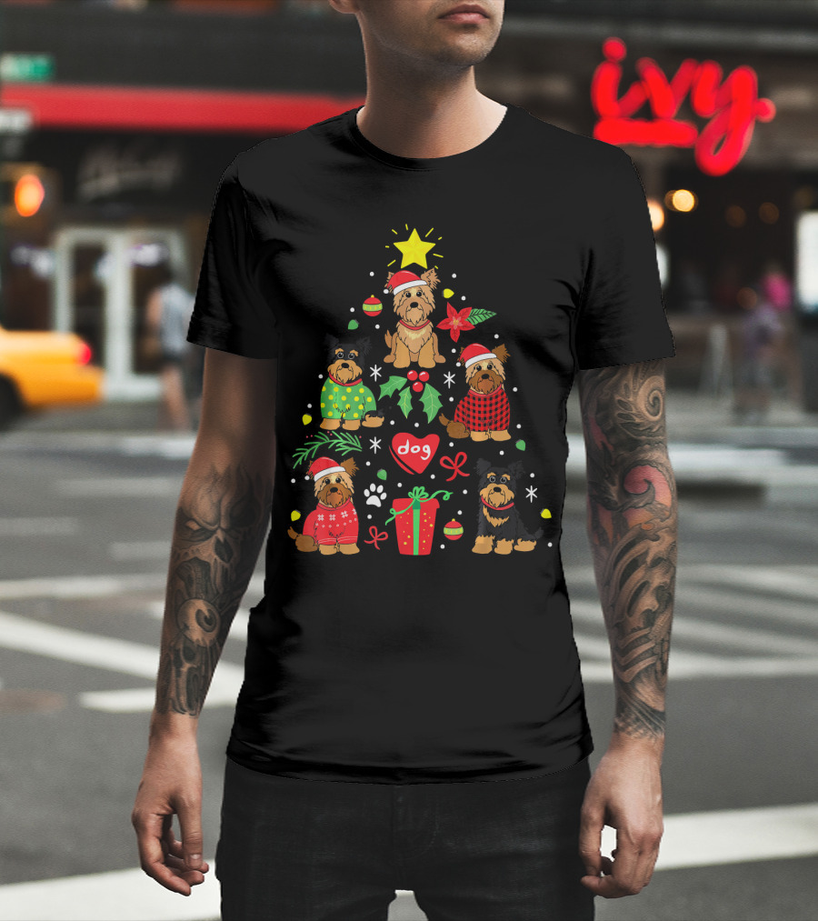 Yorkipoo Dog In Santa And Christmas Sweaters With Ornaments And Gifts T-Shirt