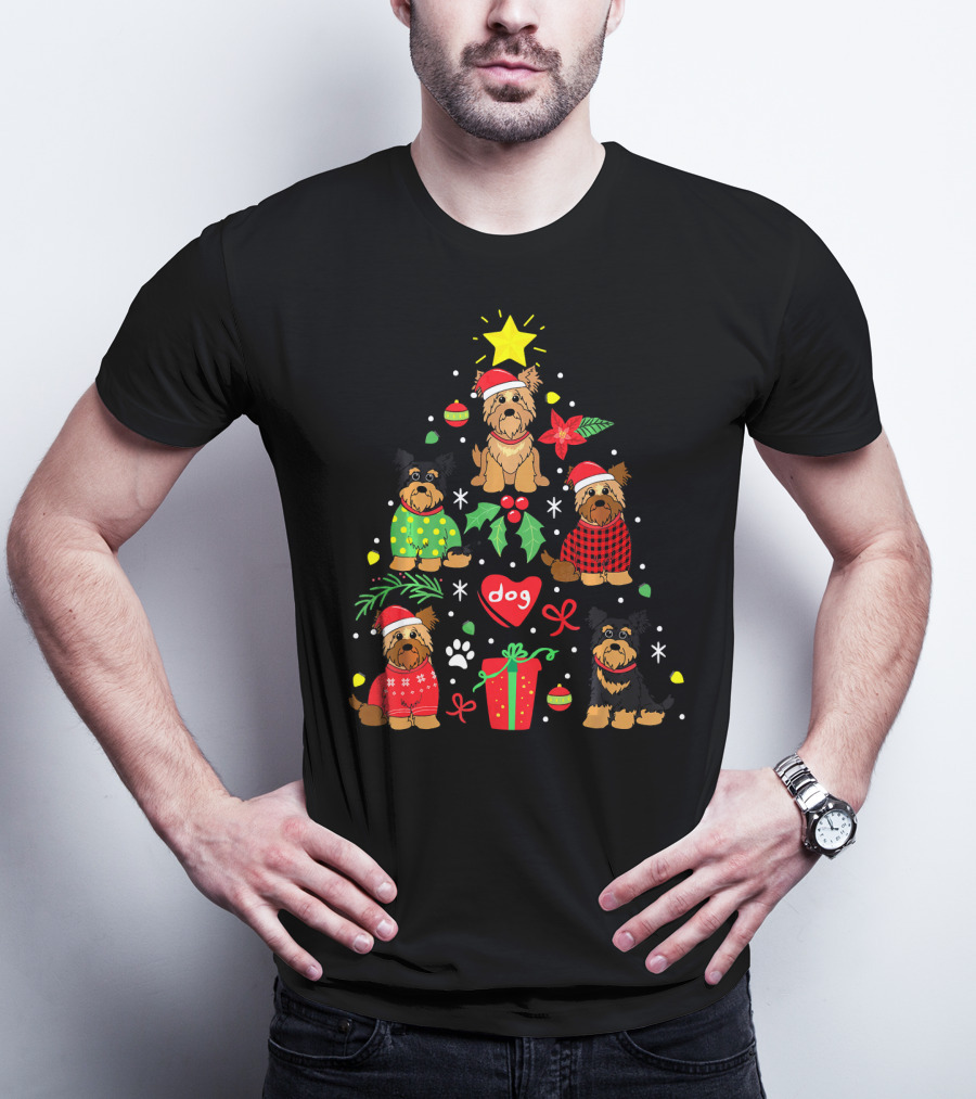 Yorkipoo Dog In Santa And Christmas Sweaters With Ornaments And Gifts T-Shirt