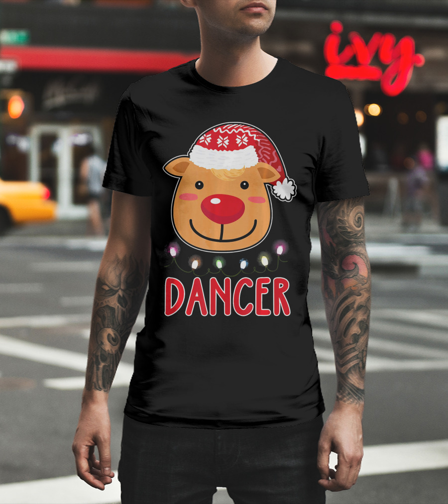 Dancer Reindeer Christmas Lights Santa Hat T-Shirt