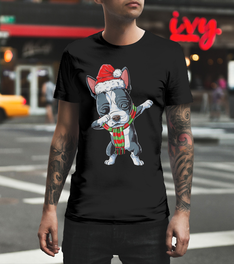 Dabbing Boston Terrier Santa Christmas Scarf Festive Dog T-Shirt