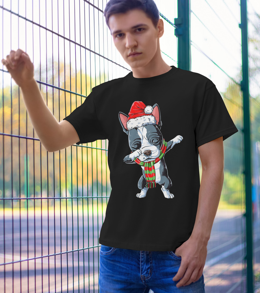 Dabbing Boston Terrier Santa Christmas Scarf Festive Dog T-Shirt