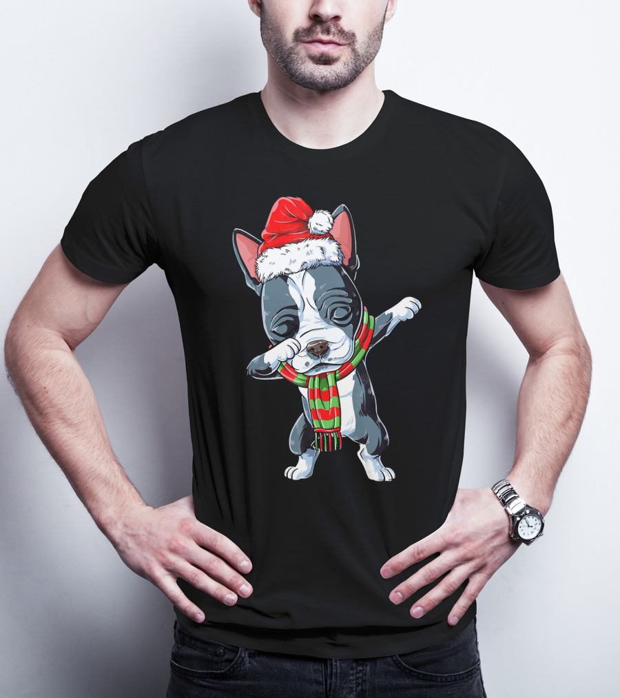 Dabbing Boston Terrier Santa Christmas Scarf Festive Dog T-Shirt