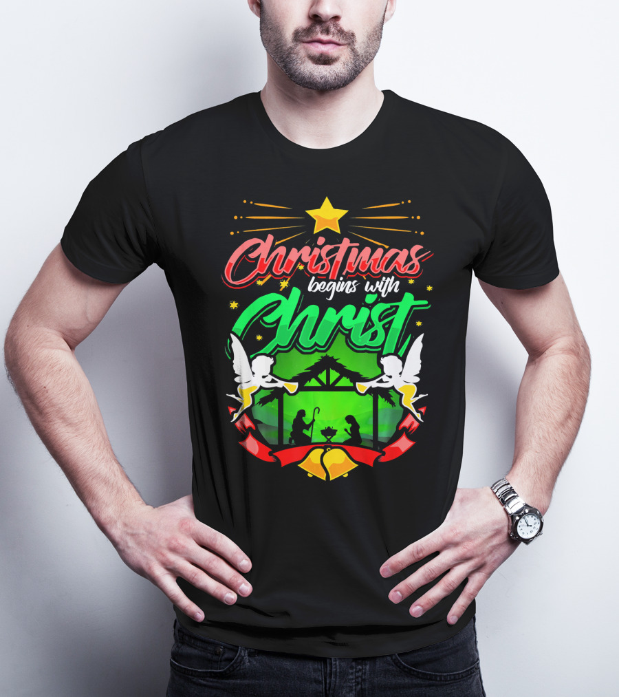 Christmas Begins With Christ Nativity Scene Angels Star T-Shirt