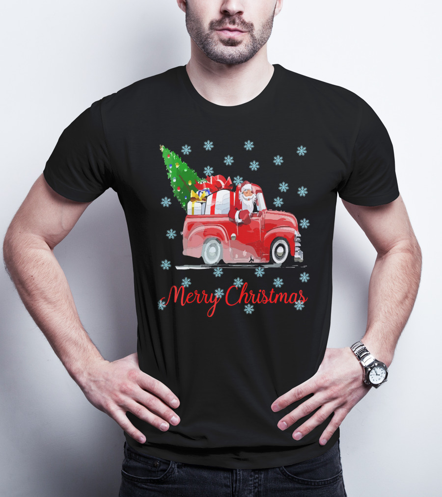 Merry Christmas Tree Santa Vintage Car With Presents And Snowflakes T-Shirt