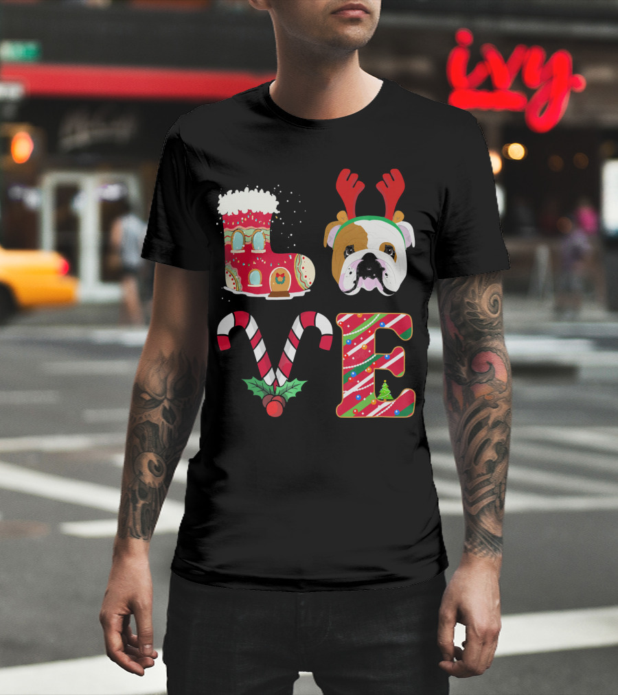 Love My English Bulldog Christmas Holiday Antlers Candy Cane T-Shirt