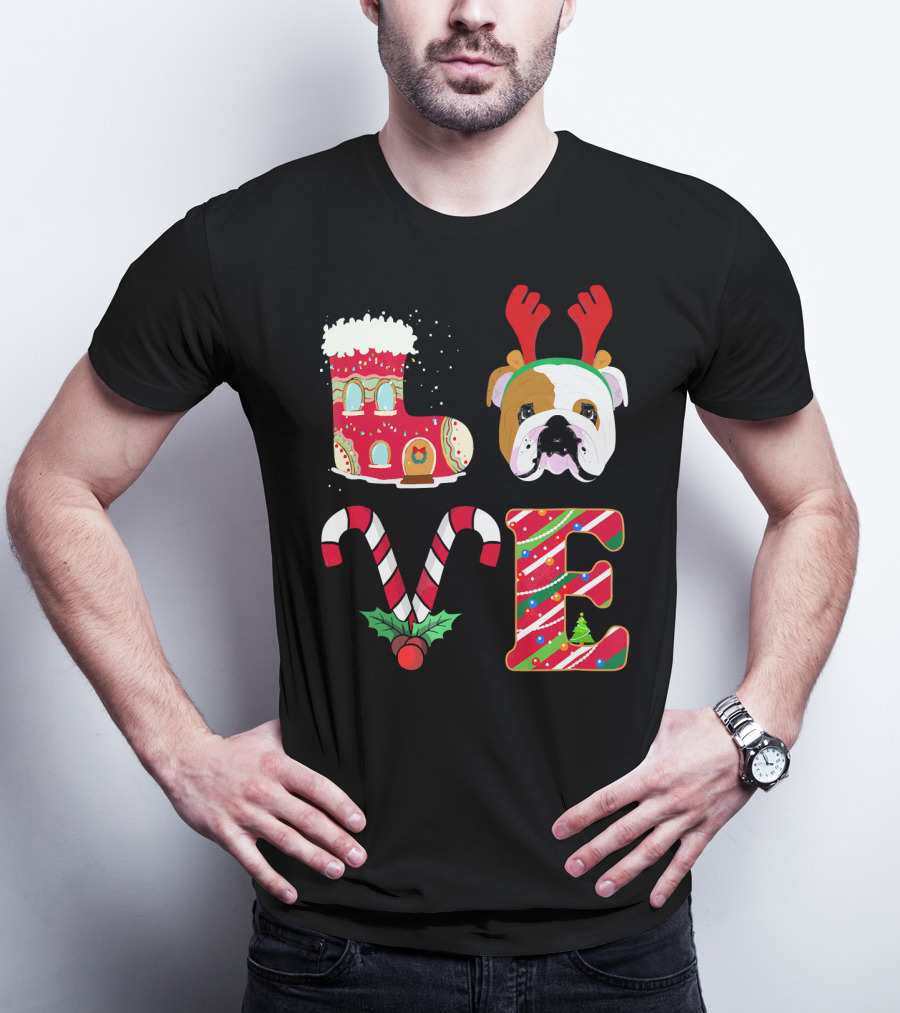 Love My English Bulldog Christmas Holiday Antlers Candy Cane T-Shirt